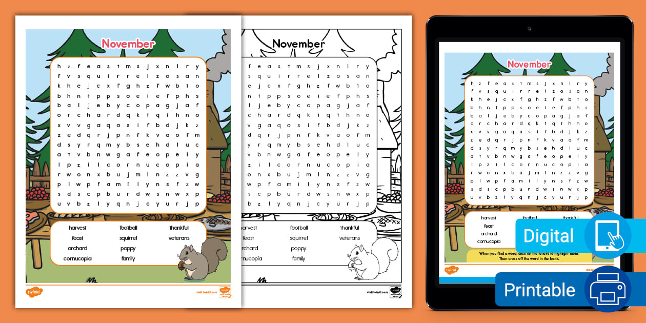 November Word Search for K-2nd Grade
