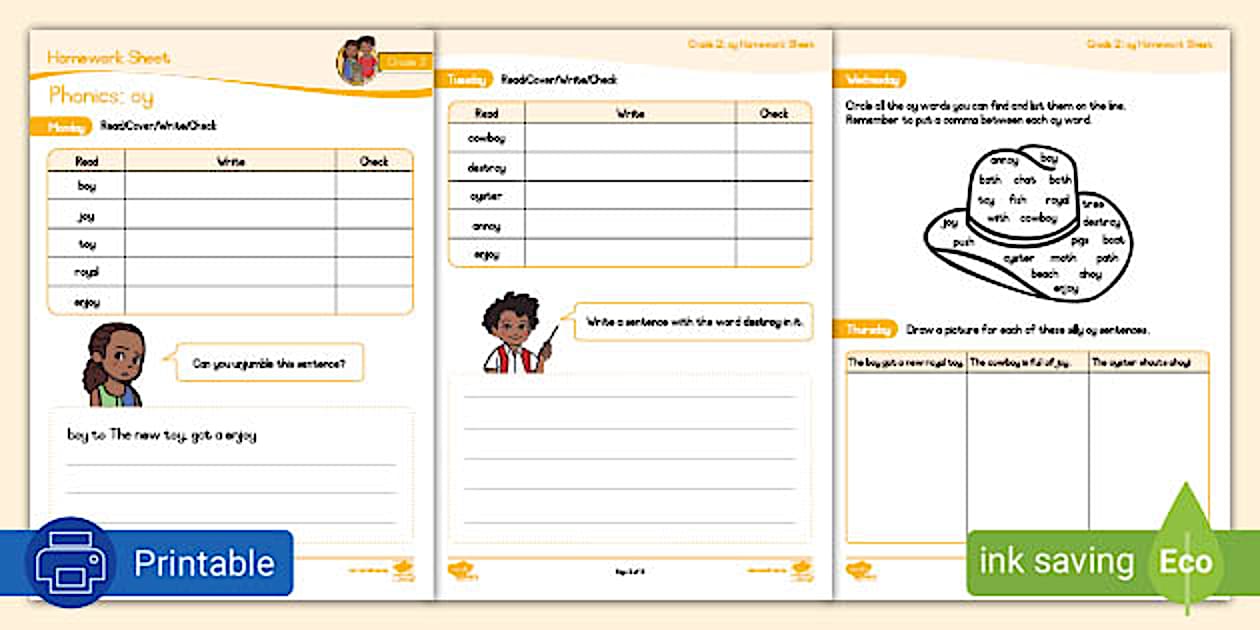 Grade 2 Phonics: oy Homework Sheet (teacher made) - Twinkl