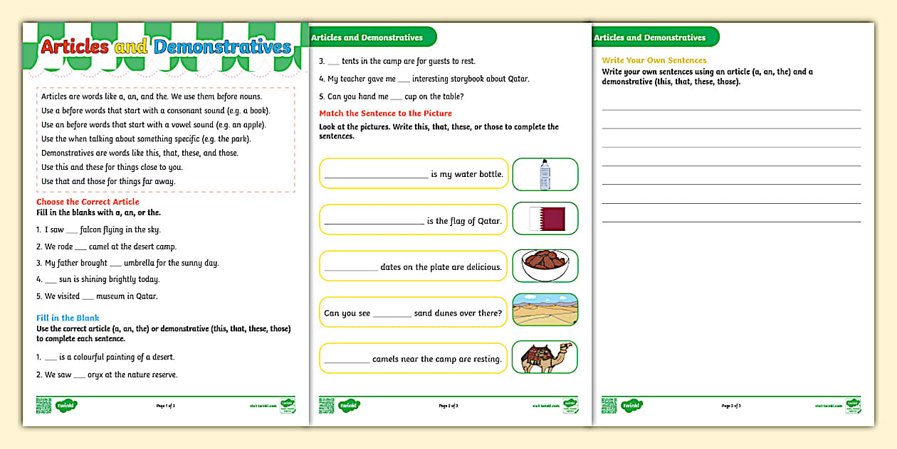Articles and Demonstratives Activity Sheet - Twinkl