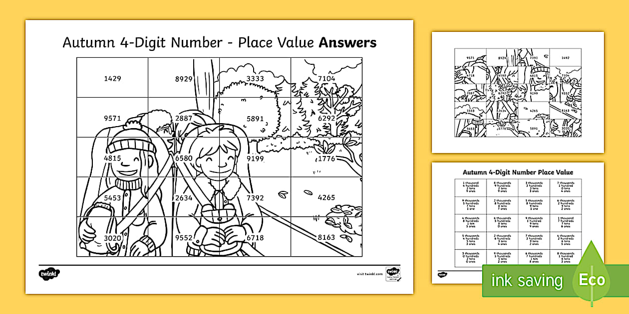 Autumn Themed 4-digit Number Place Value Colouring Assessment Sheet