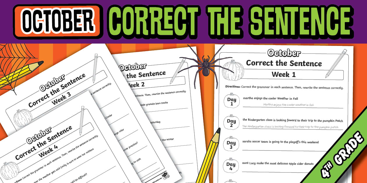 Fourth Grade October Daily Correct the Sentence Grammar