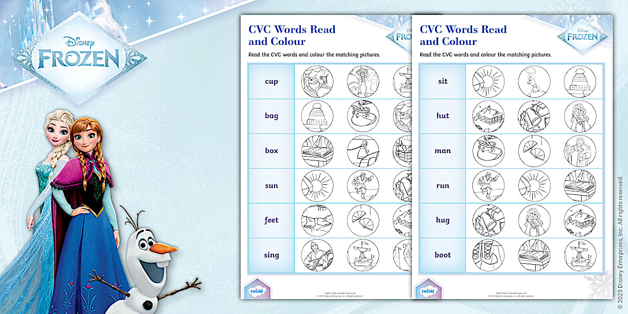 Frozen: CVC Words Read and Colour Activity Sheet - Twinkl