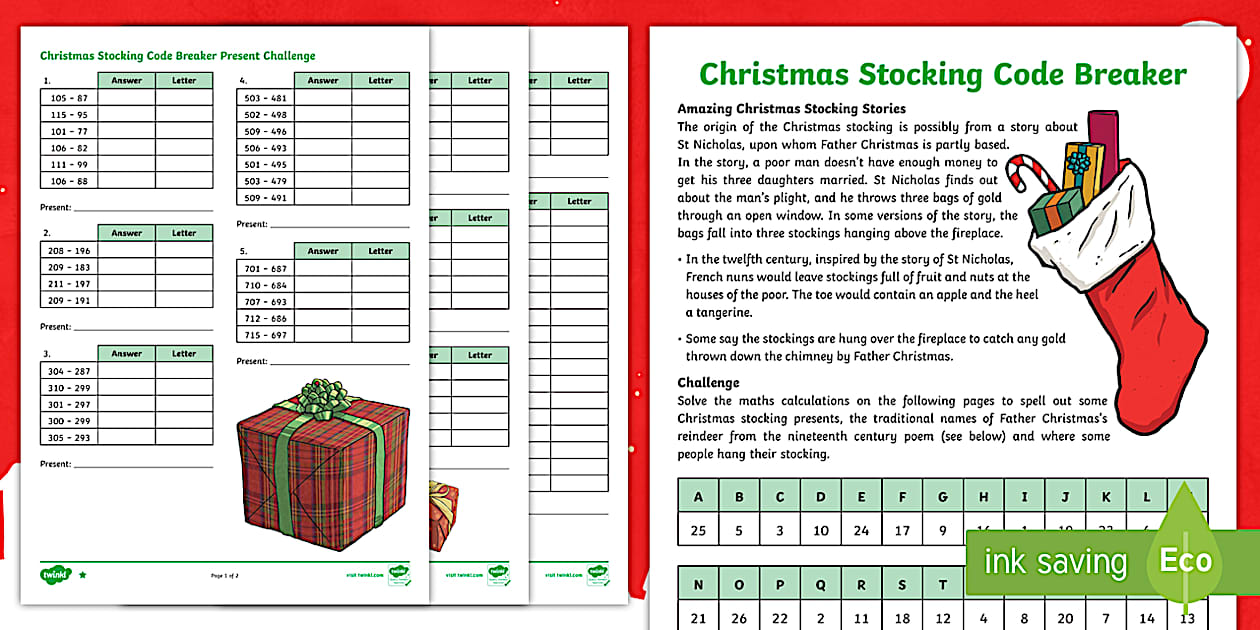 Year 5 Christmas Stocking Code Breaker Worksheets - Twinkl