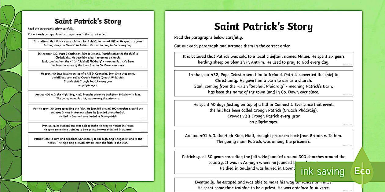 St. Patrick's Story Sequencing Cut and Sort Worksheet for 3rd-5th Grade