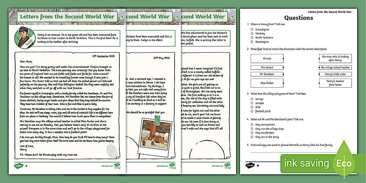 LKS2 Remembering the War: WW2 Letters Comprehension Activity