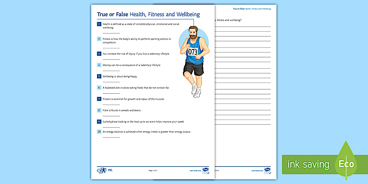 GCSE PE: Health, Fitness and Wellbeing True or False Worksheet