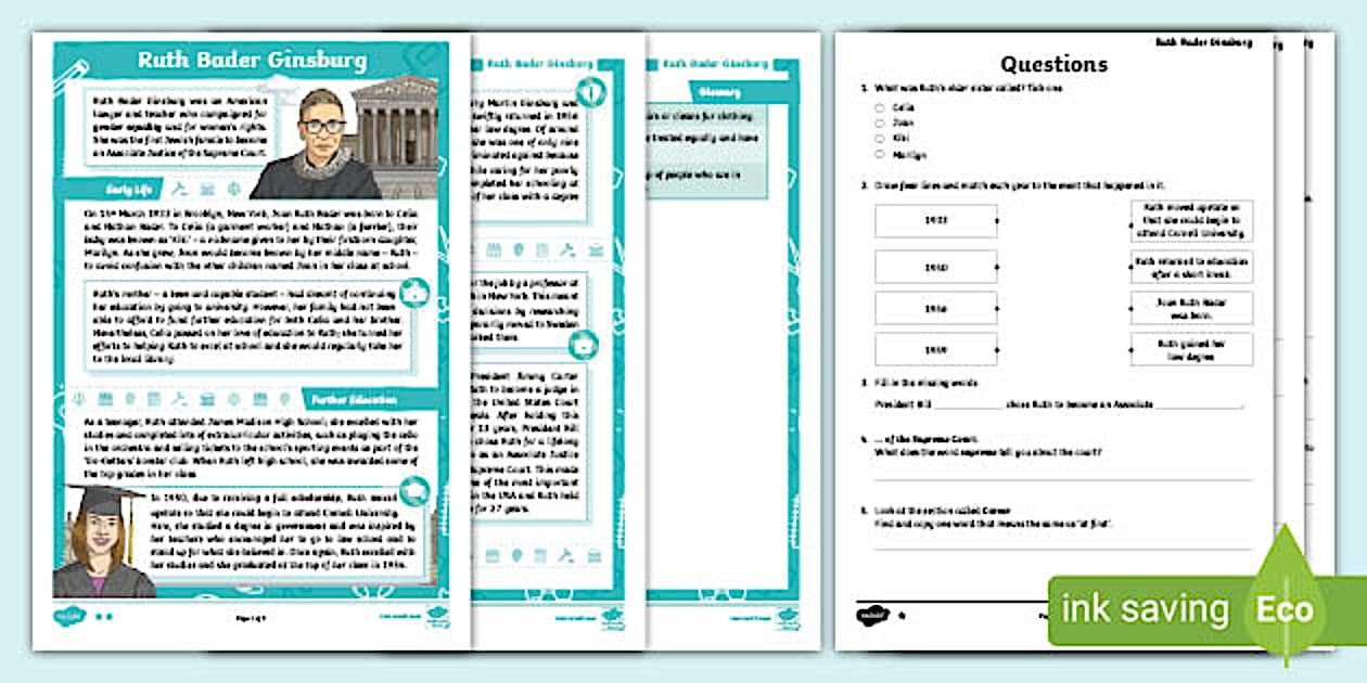UKS2 Ruth Bader Ginsburg Differentiated Reading Comprehension Activity