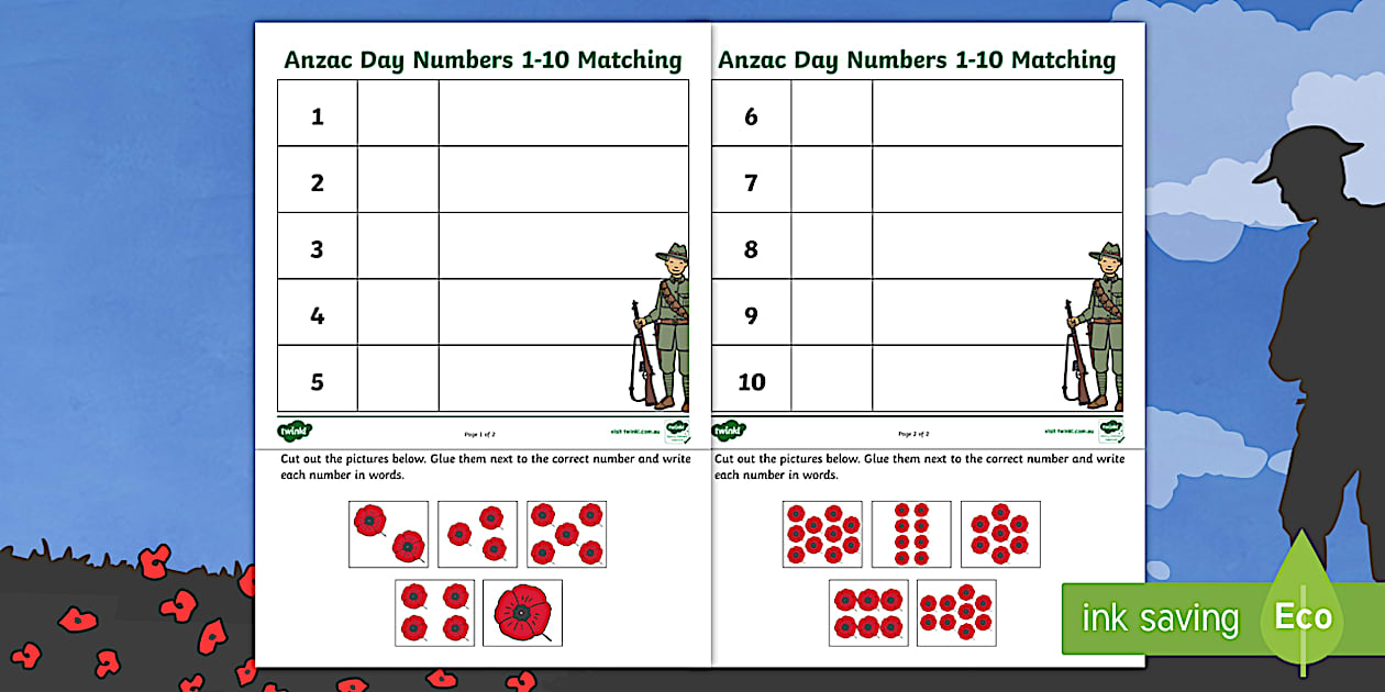 TAS Anzac Day Number Matching Worksheet (professor feito)