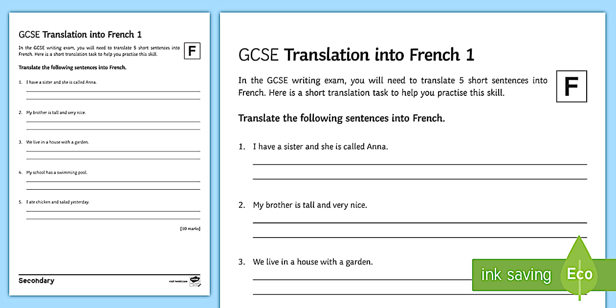GCSE French: Translation into French - Foundation Tier Worksheet ...