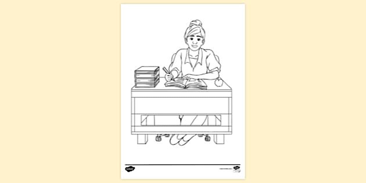 Teacher Sitting Behind Desk Colouring | Colouring Sheets