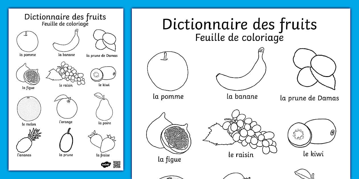 Dictionnaire de fruits Feuille de coloriage French
