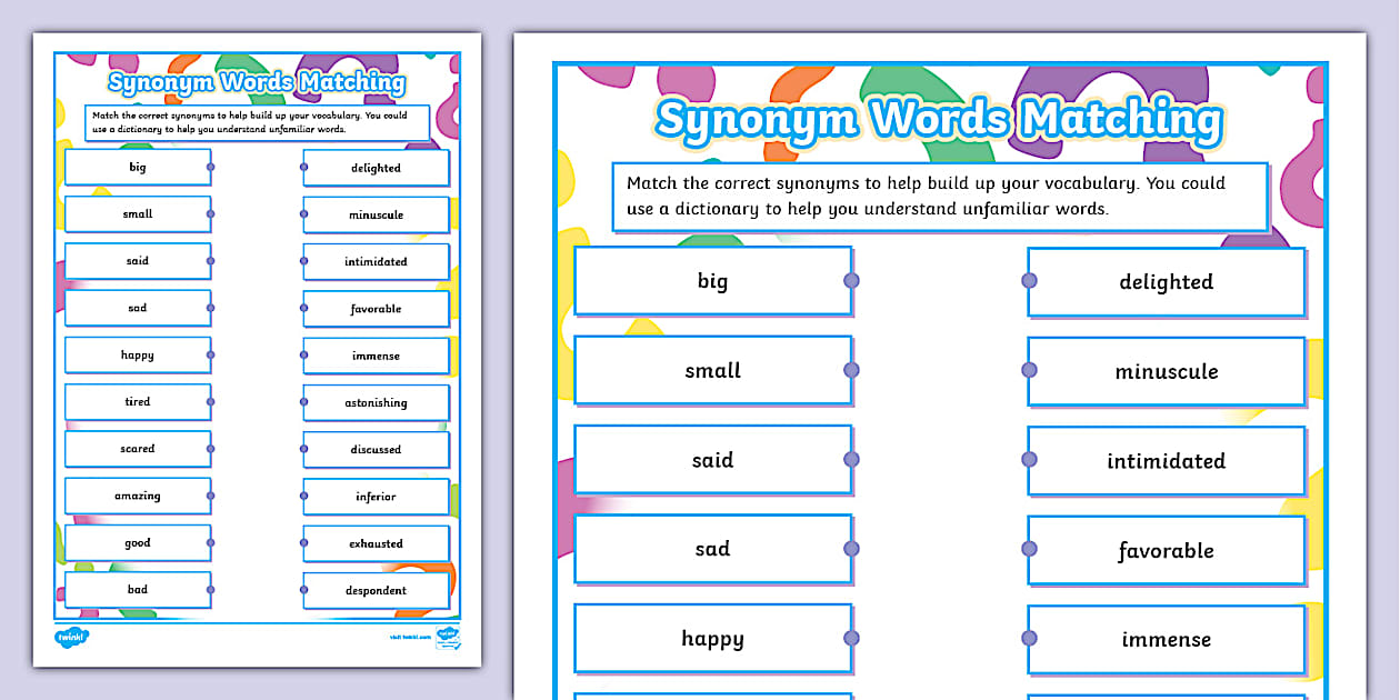 Synonym Words Matching Worksheet - Twinkl