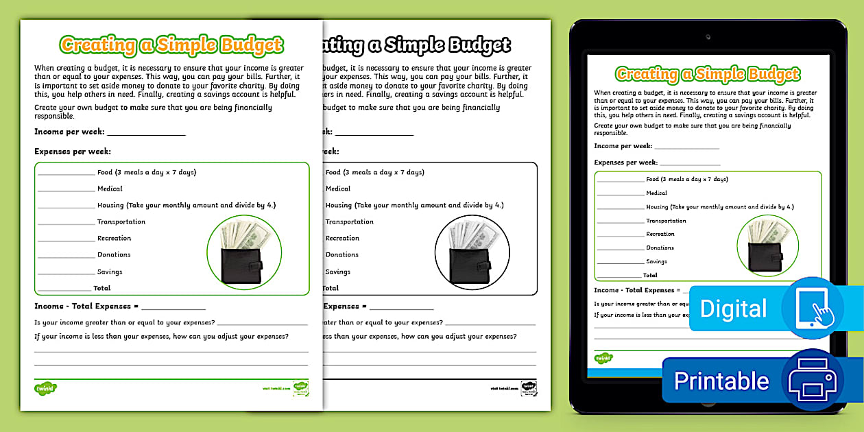 Simple Budget Worksheet | Resource | Twinkl USA - Twinkl