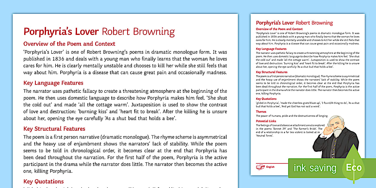 AQA Poetry: Porphyria's Lover - One Page Revision Summary