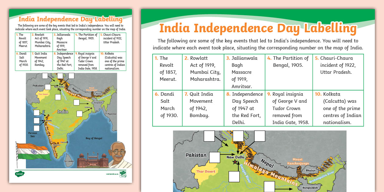 India Independence Day Map Labelling Worksheet - Twinkl