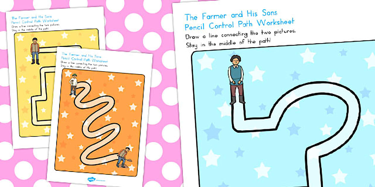 Farmer and His Sons Pencil Control Path Worksheets - australia