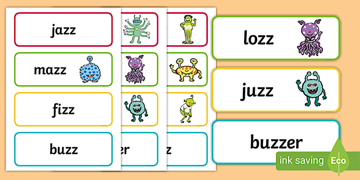 Phase 3 'zz' Flashcards: Real and Nonsense Word Cards