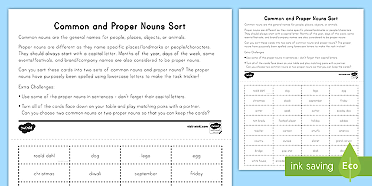Common and Proper Nouns Sorting Worksheet for 1st-2nd Grade