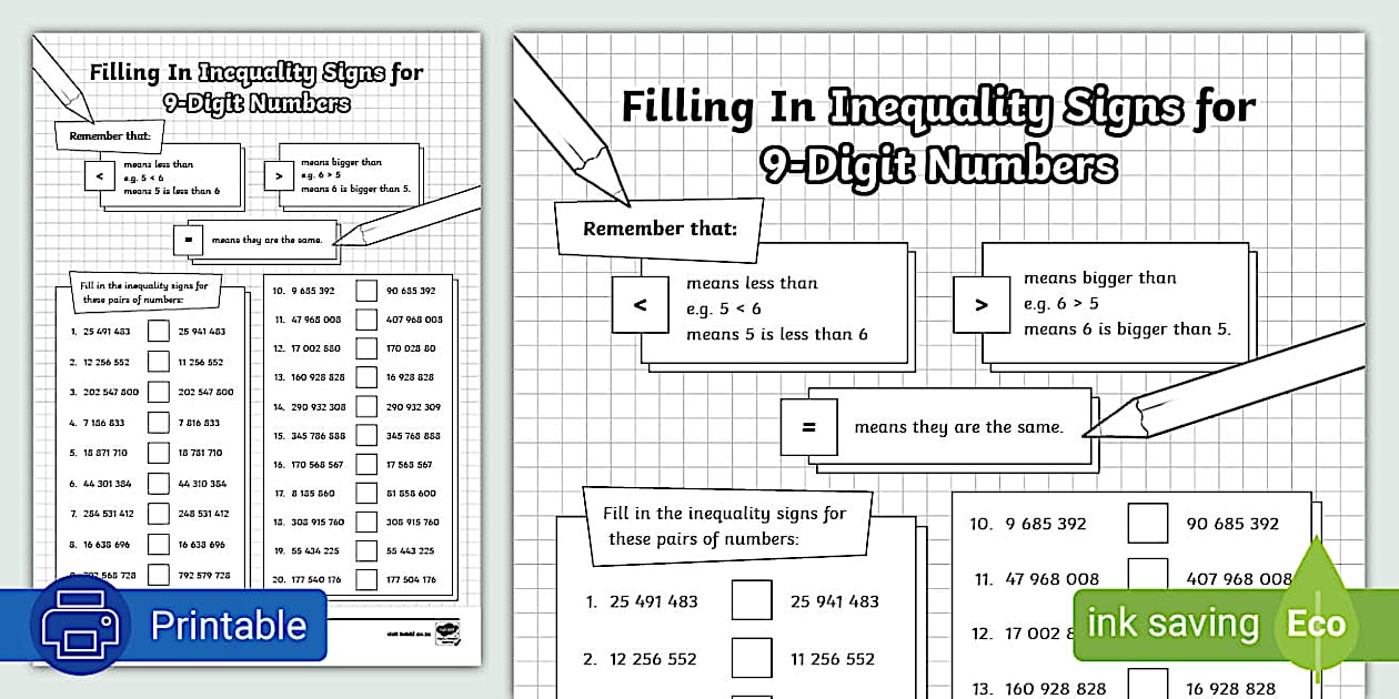 Filling In Inequality Signs for 9-Digit Numbers Activity Sheet