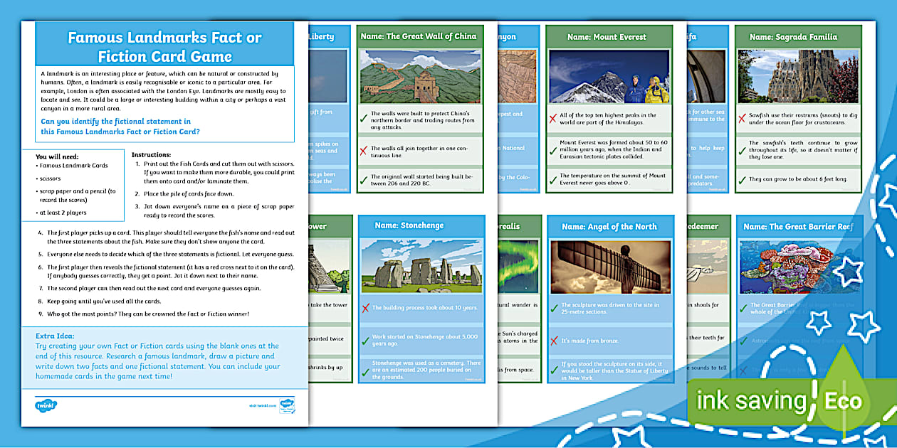 Famous Landmarks Fact or Fiction Card Game (teacher made)