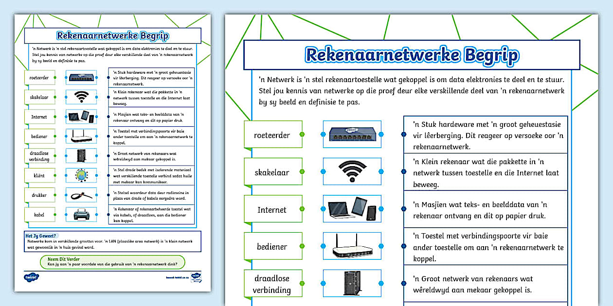 Rekenaarnetwerke Begrip: Woordeskat Werkblad - Twinkl