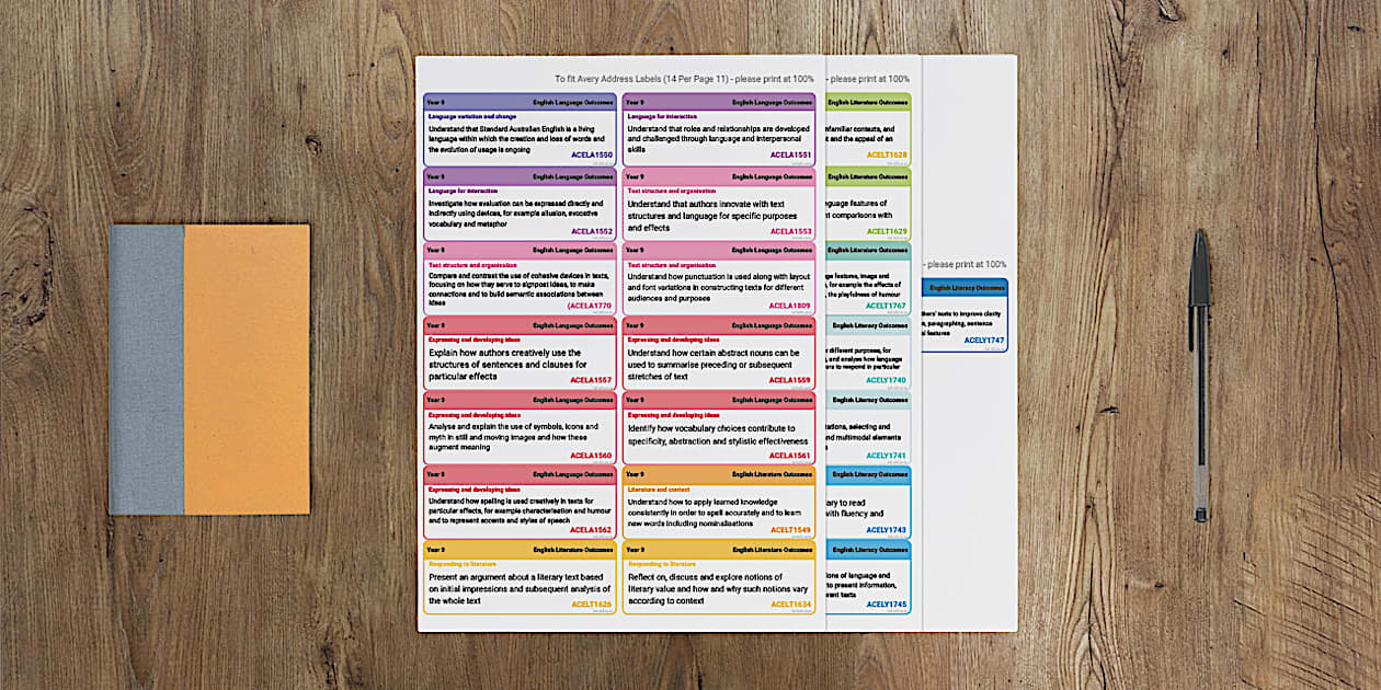 Australian Curriculum Year 9 English Outcome Stickers