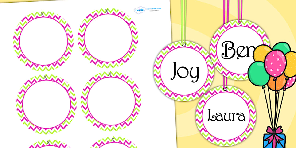 Editable Zig Zag Birthday Party Name Tags Pink And Green