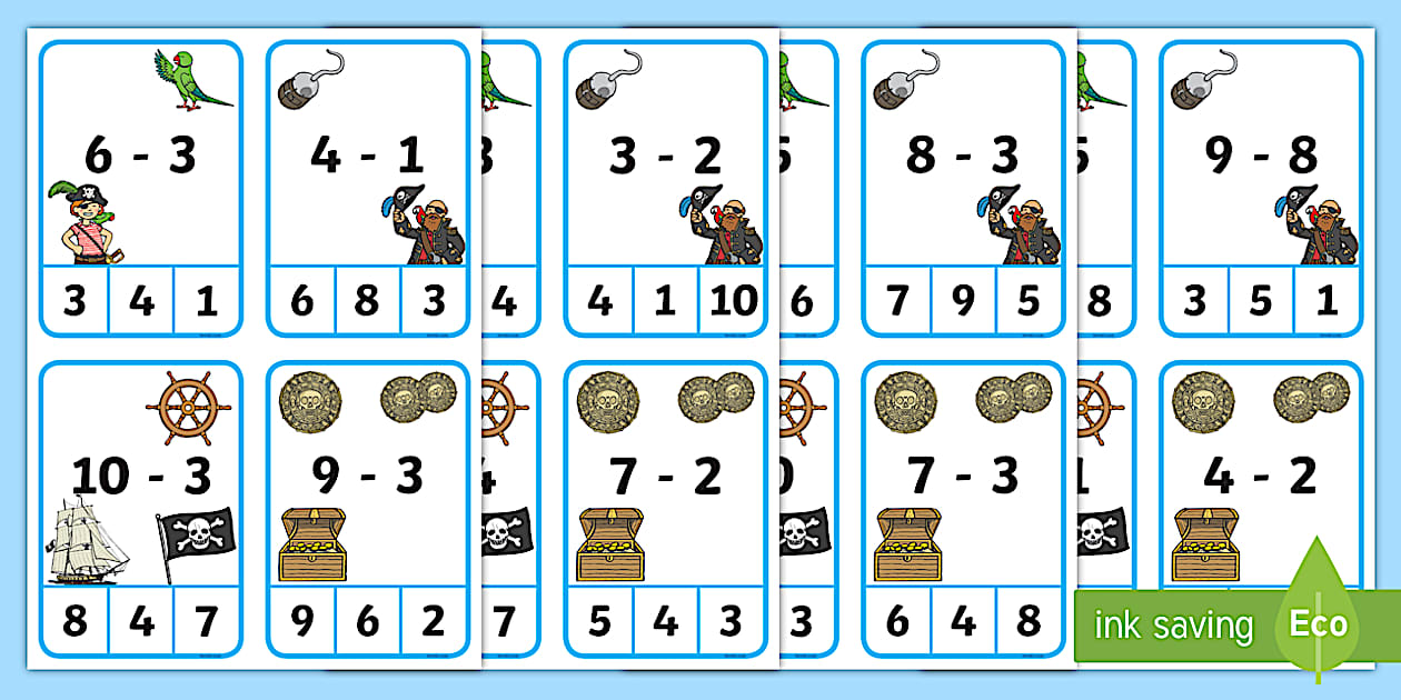 Pirate-Themed Subtraction From 10 Peg Labels - Twinkl
