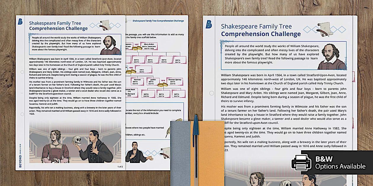 Shakespeare Family Tree Comprehension Challenge - Twinkl