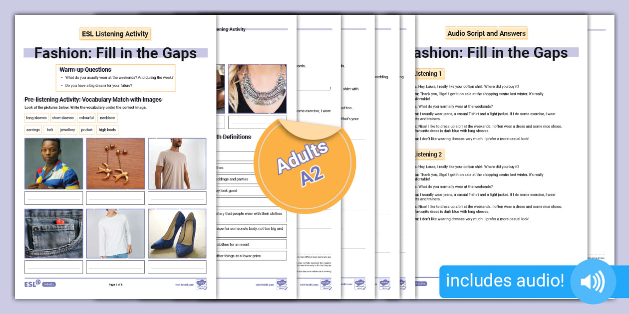 ESL Fashion Listening Activity Fill in the Gaps [Adults, A2]