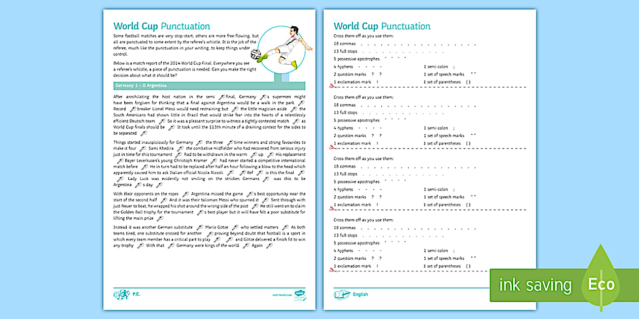 Missing Punctuation Worksheet with Answers | Football