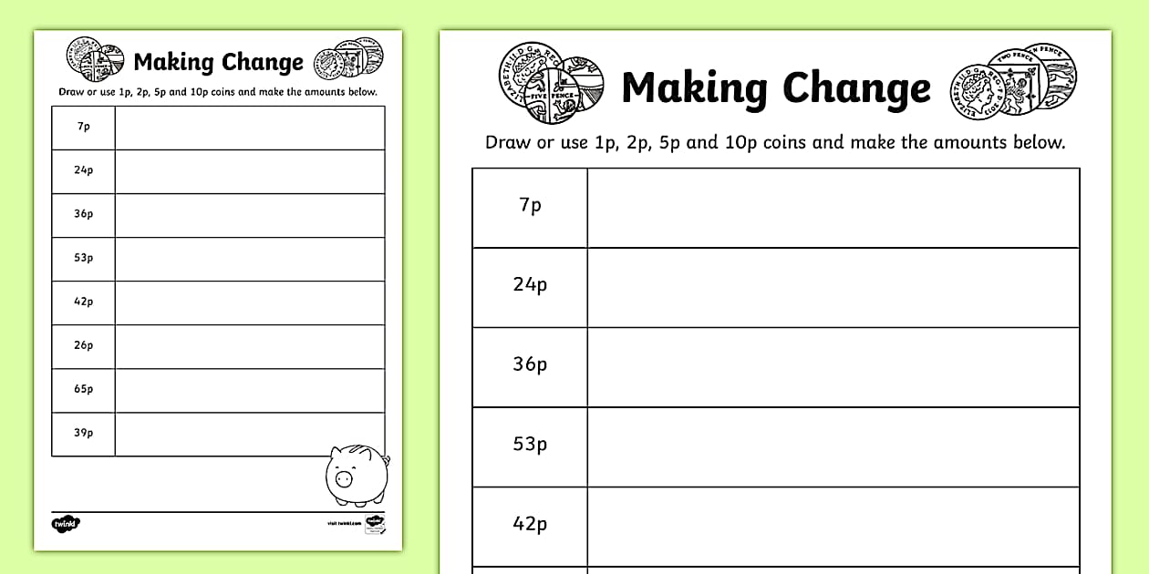 Editable Making Change: 1p, 2p, 5p and 10p Coins Worksheet
