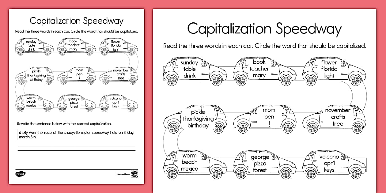 Capitalization Speedway Worksheet for K-2nd Grade - Twinkl