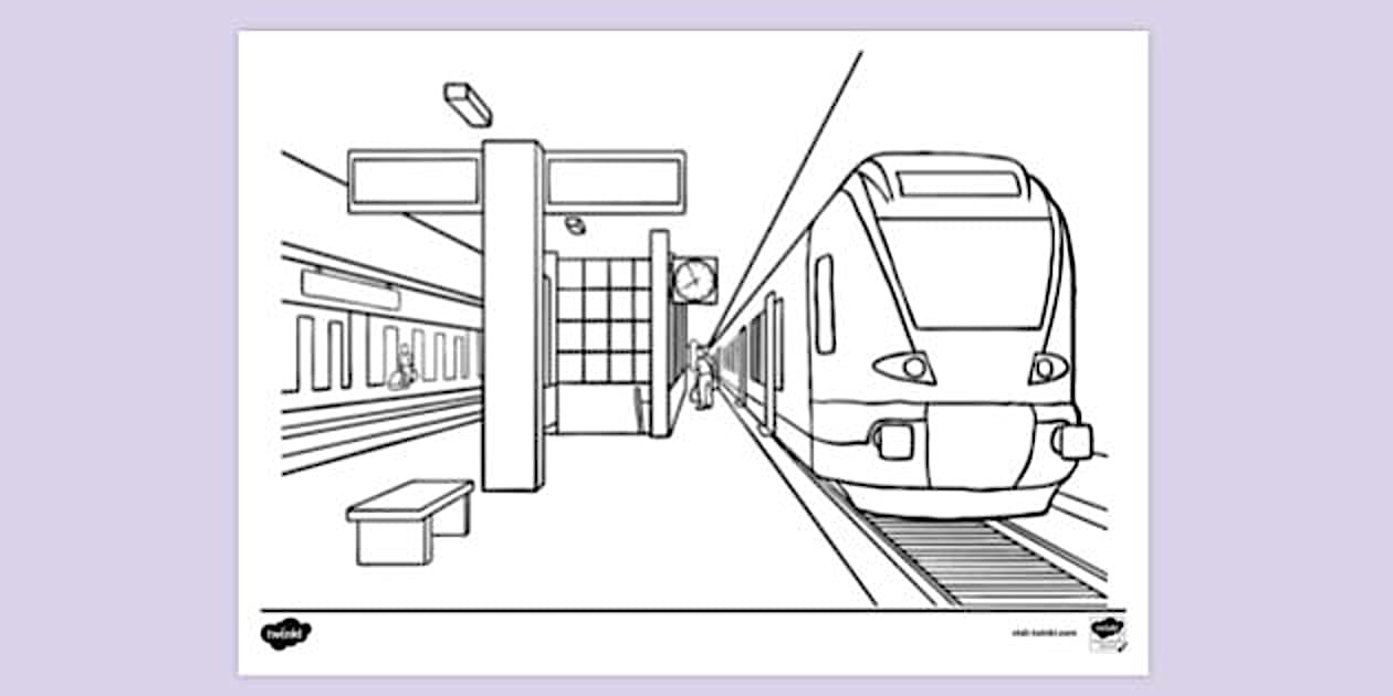 Train Station with Train Arriving Colouring Sheet - Twinkl