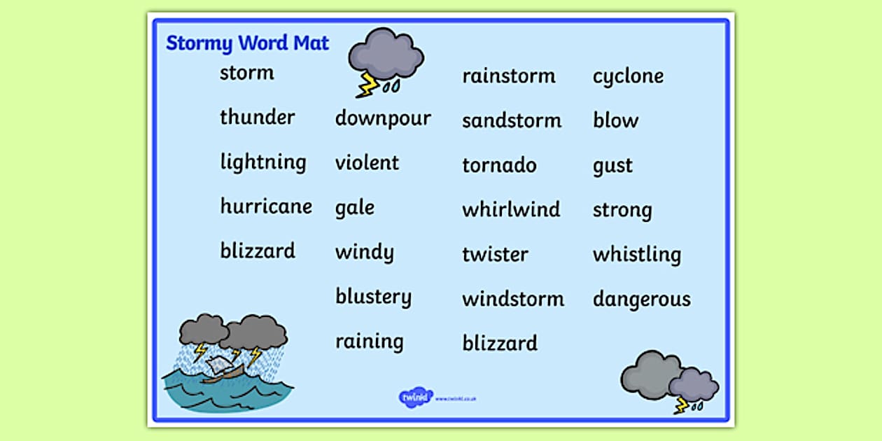 Cursive Weather and Seasons Stormy Word Mat - Twinkl