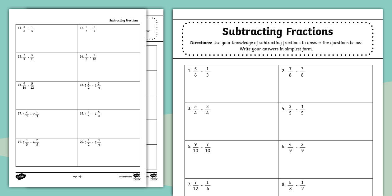 MS Basic Skills Subtracting Fractions Intervention - Twinkl