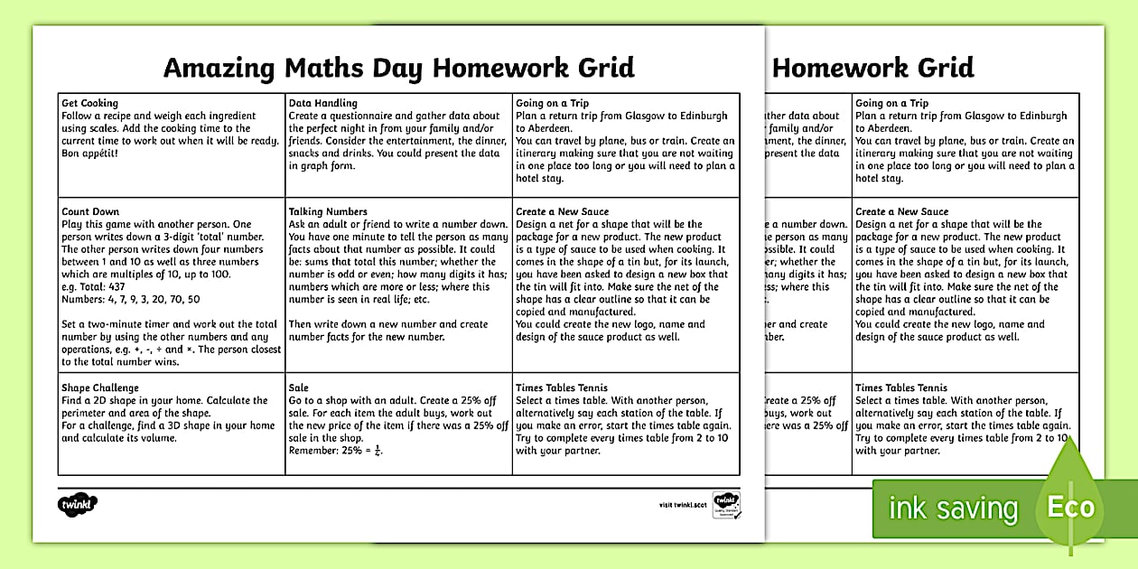 CfE Second Level Amazing Maths Day Homework Grid - Twinkl