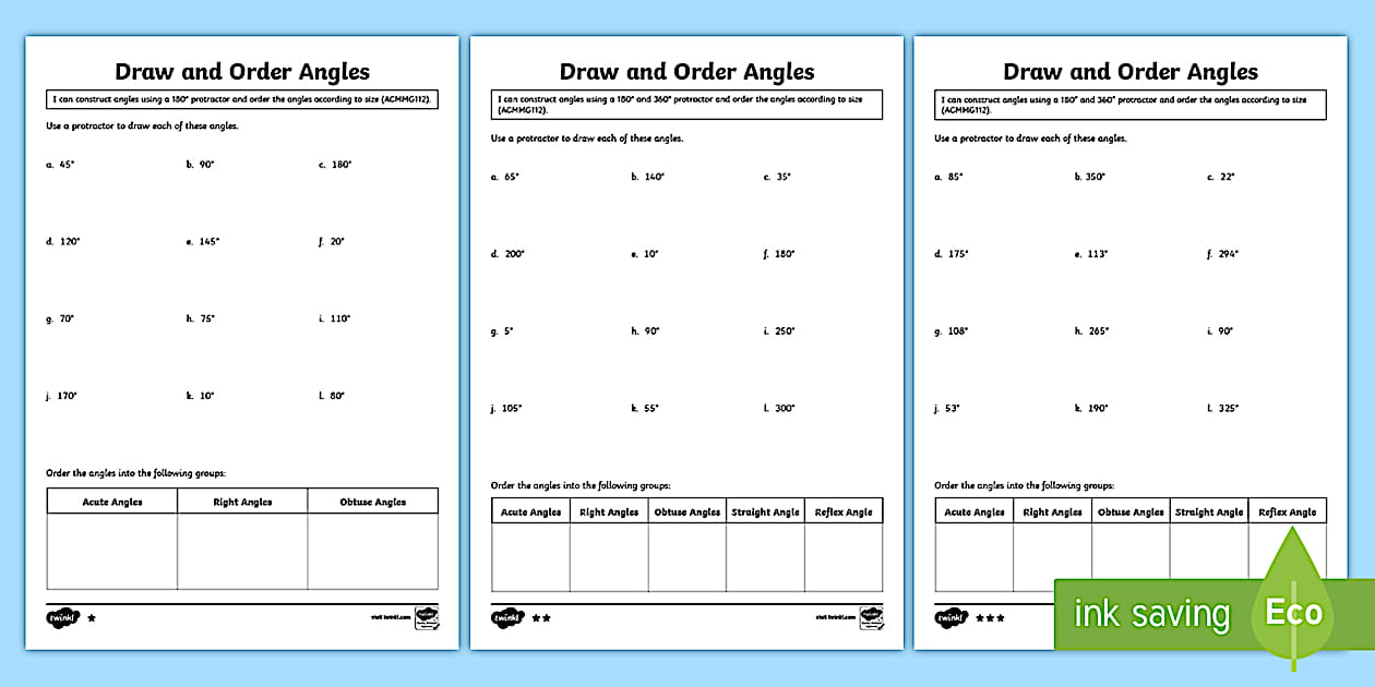 Draw and Order Angles Differentiated Worksheet / Worksheets