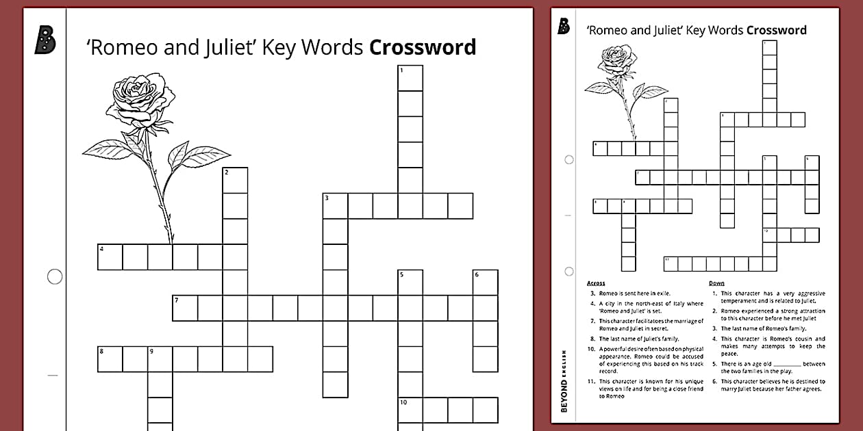 Romeo and Juliet Key Words Crossword (teacher made) - Twinkl