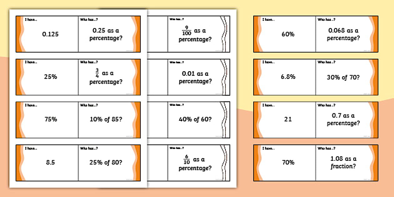 Fractions, Decimals, and Percentages I Have, Who Has Game