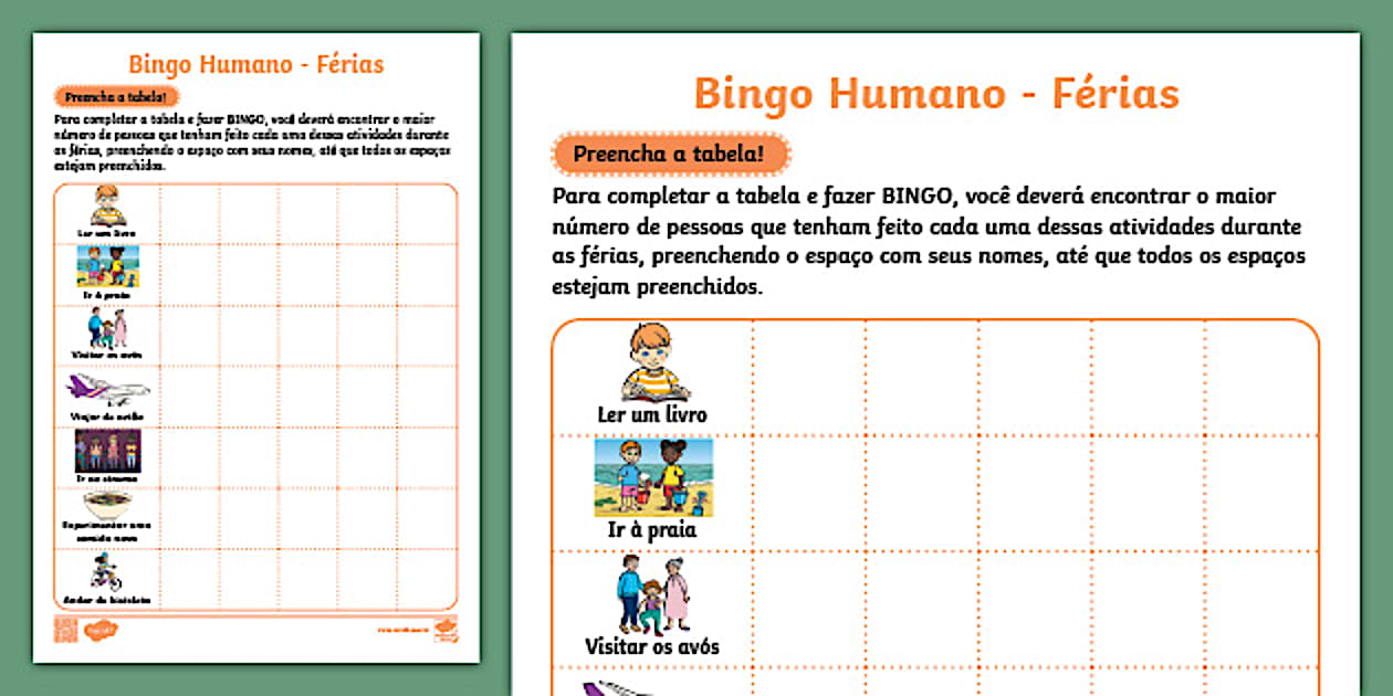 Bingo Humano - Férias {jogo} (creat de profesori) - Twinkl