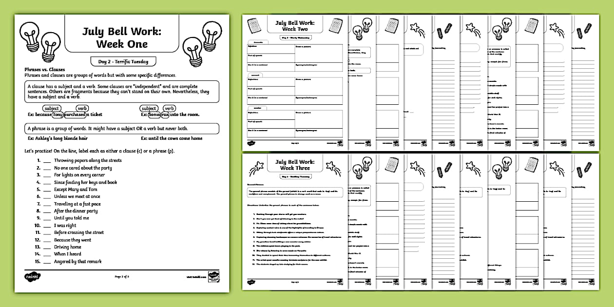Seventh Grade ELA July Bell Work Bundle - Twinkl