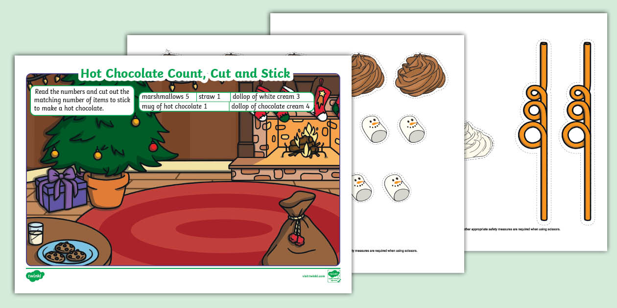 Hot Chocolate Count, Cut and Stick Worksheet (teacher made)