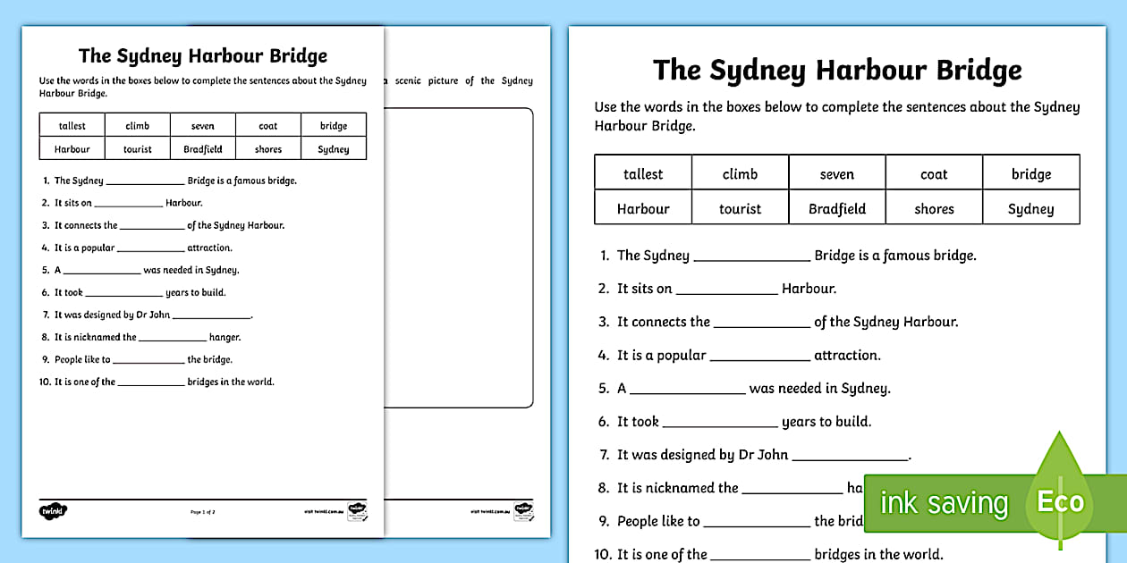 Sydney Harbour Bridge Cloze Worksheet ∣ F-2 HASS - Twinkl