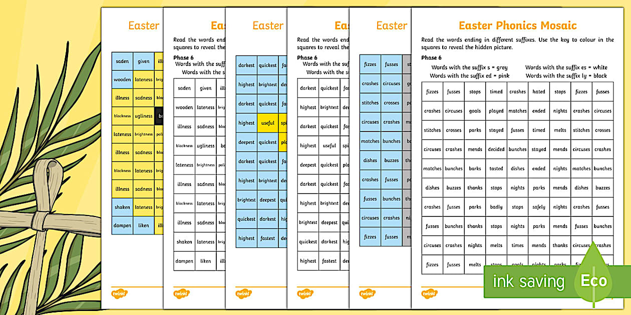 Easter Phonics Phase 6 Suffixes Mosaic Worksheet / Worksheet