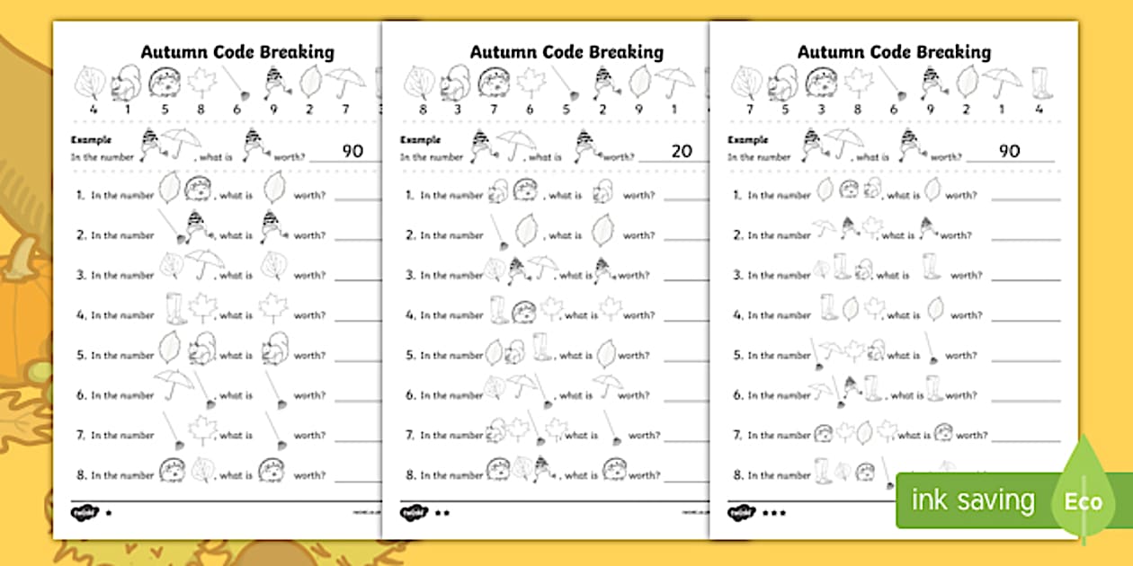 Autumn Themed Place Value Code Breaking Worksheet / Worksheet Pack ...