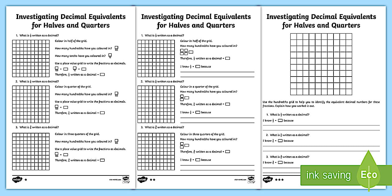Decimal Equivalents for Halves and Quarters Differentiated Worksheets