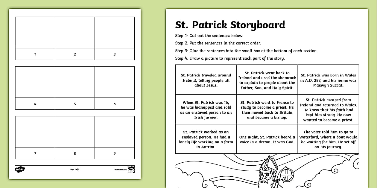 St. Patrick Storyboard Worksheet for 3rd-5th Grade - Twinkl