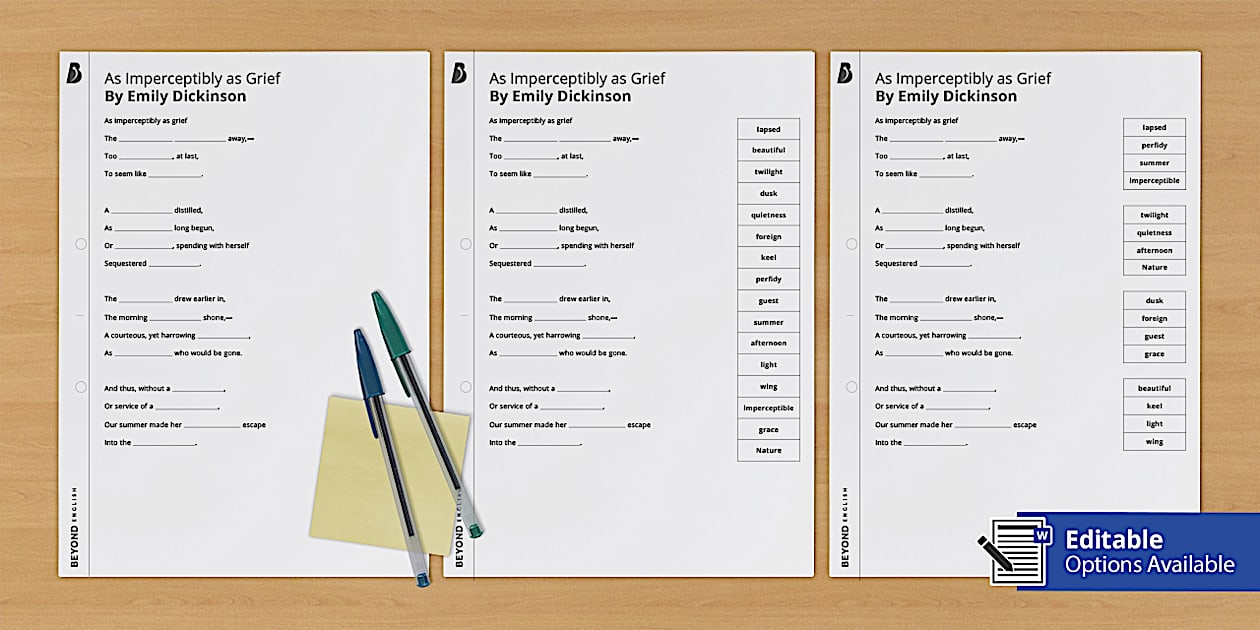 As Imperceptibly as Grief Cloze Activity (teacher made)