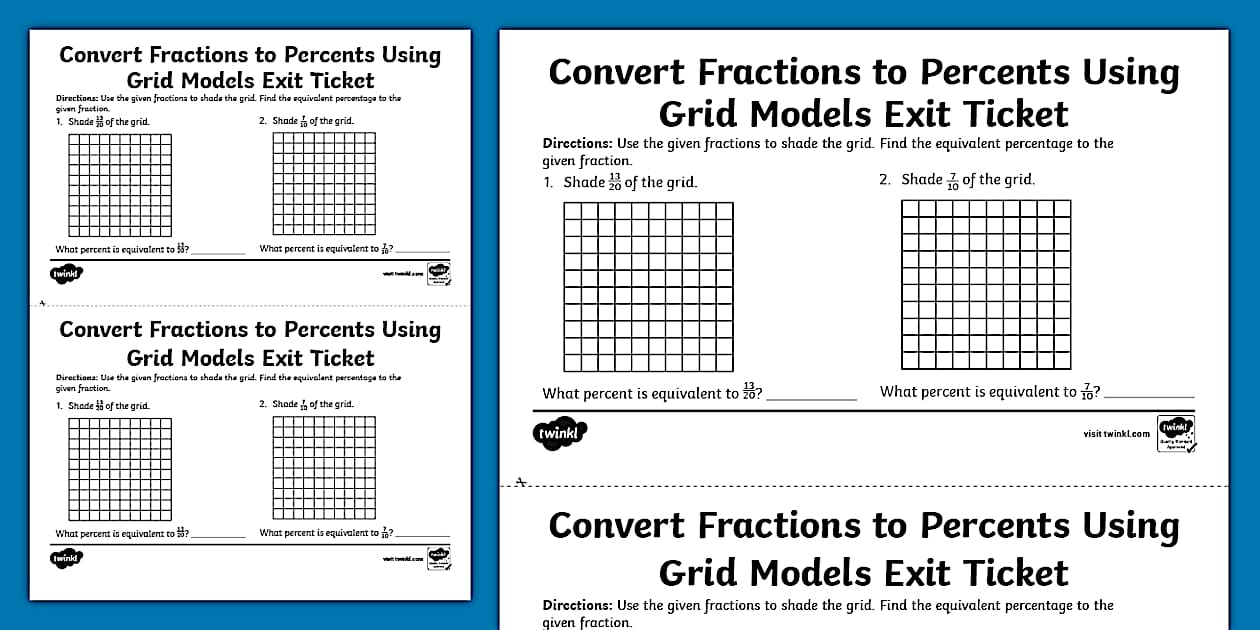 Sixth Grade Convert Fractions to Percents Using Grid Models Exit Ticket